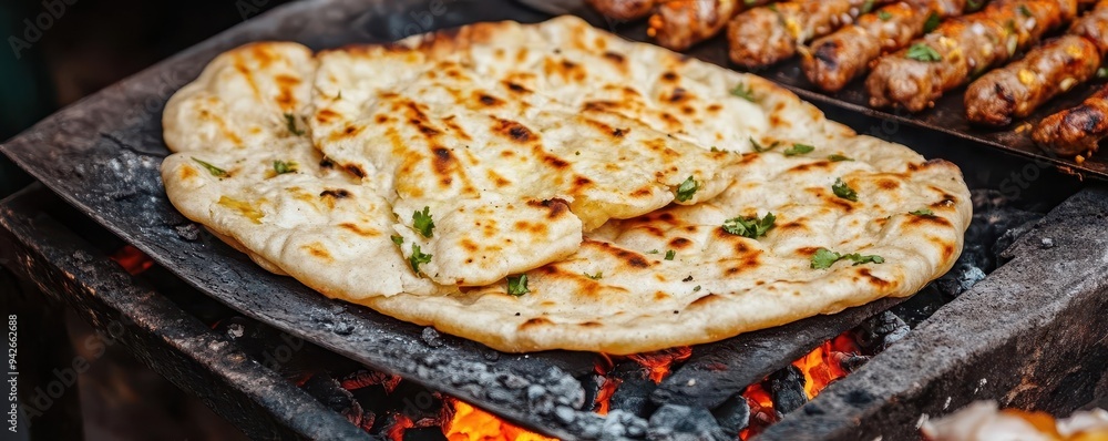 A street-side tandoor with naan and kebabs cooking over hot coals ...