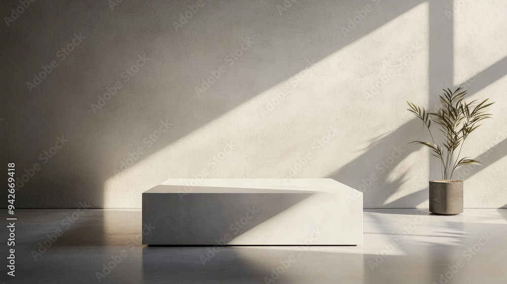 3D illustration of a white and gray plinth on an empty floor designed ...