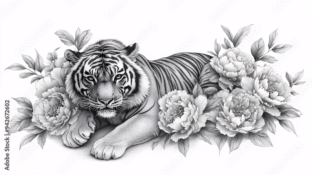 Bengal tiger crawling downward, surrounded by peonies, feminine tattoo ...