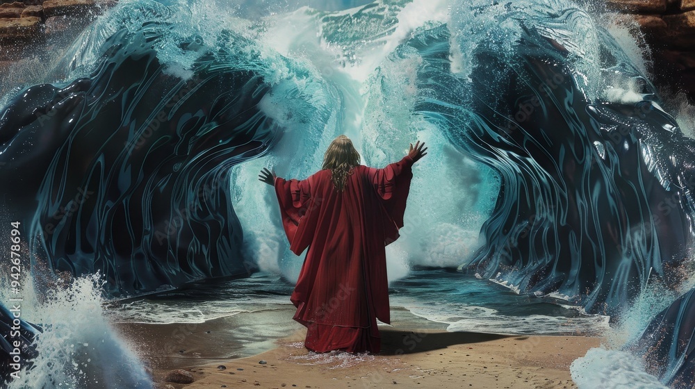 Moses splits Red Sea with cinematic realism, crimson-robed, amidst ...