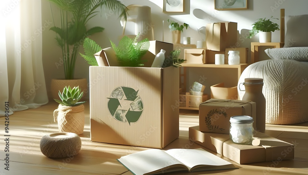 eco-friendly cardboard box in natural light, packaging, shipping, and ...