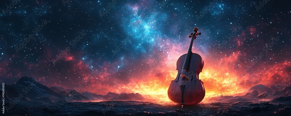 Cello under an ethereal night sky with Northern Lights, bathed in ...