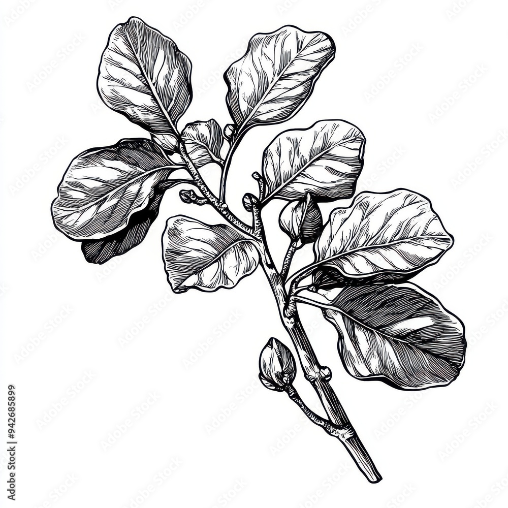Black and white Vintage engraved art of a fig tree branch, isolated on ...