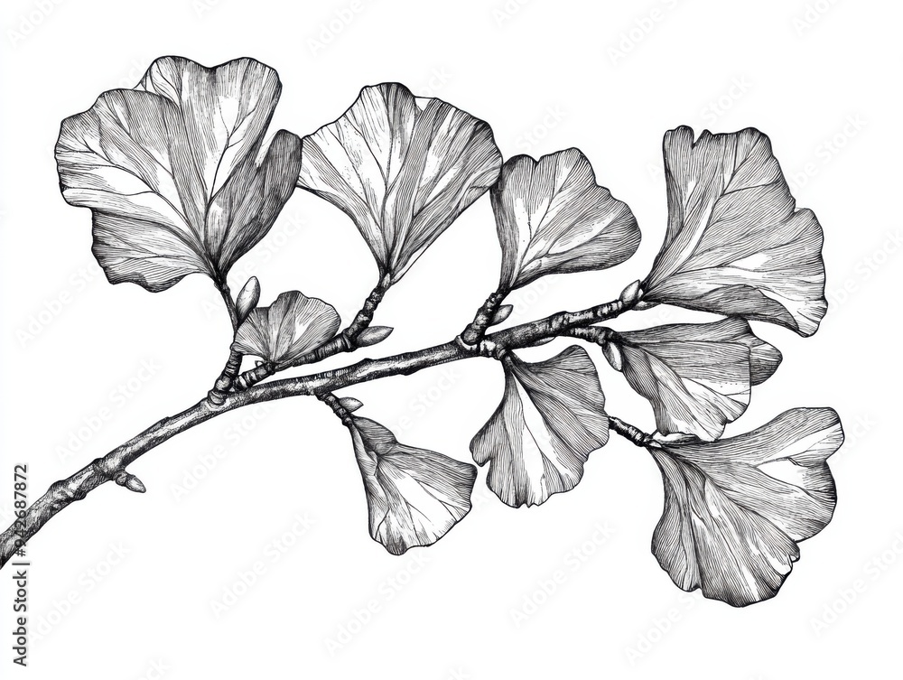 Black and white Vintage engraved art of a gingko tree branch, isolated ...