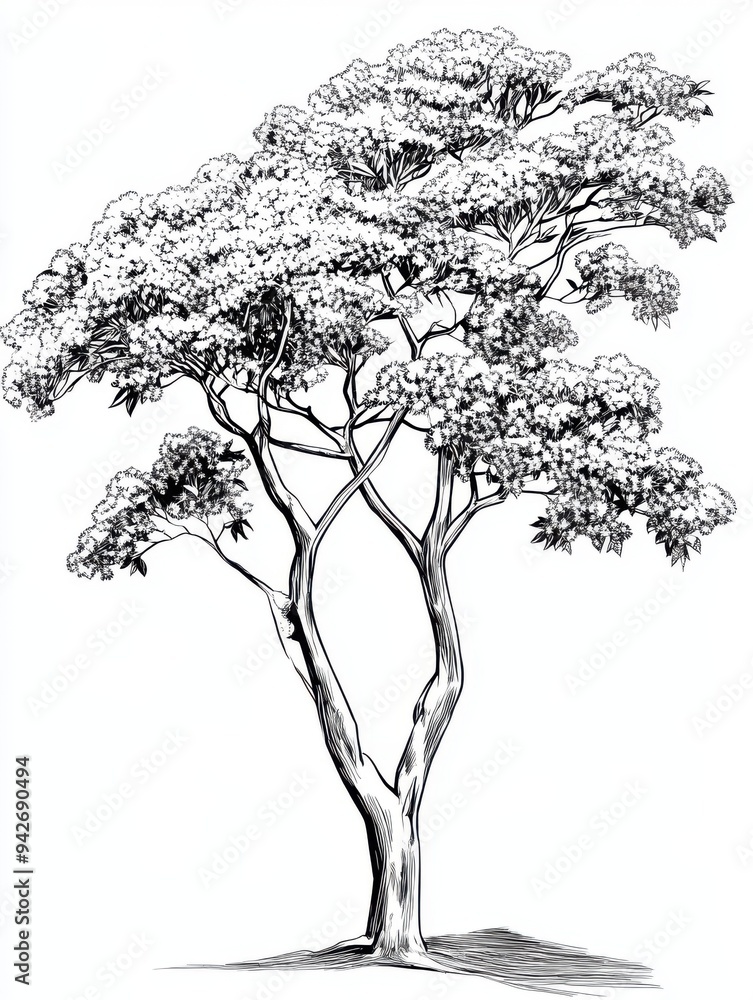 Black and white Vintage engraved art of a jacaranda tree, isolated on ...