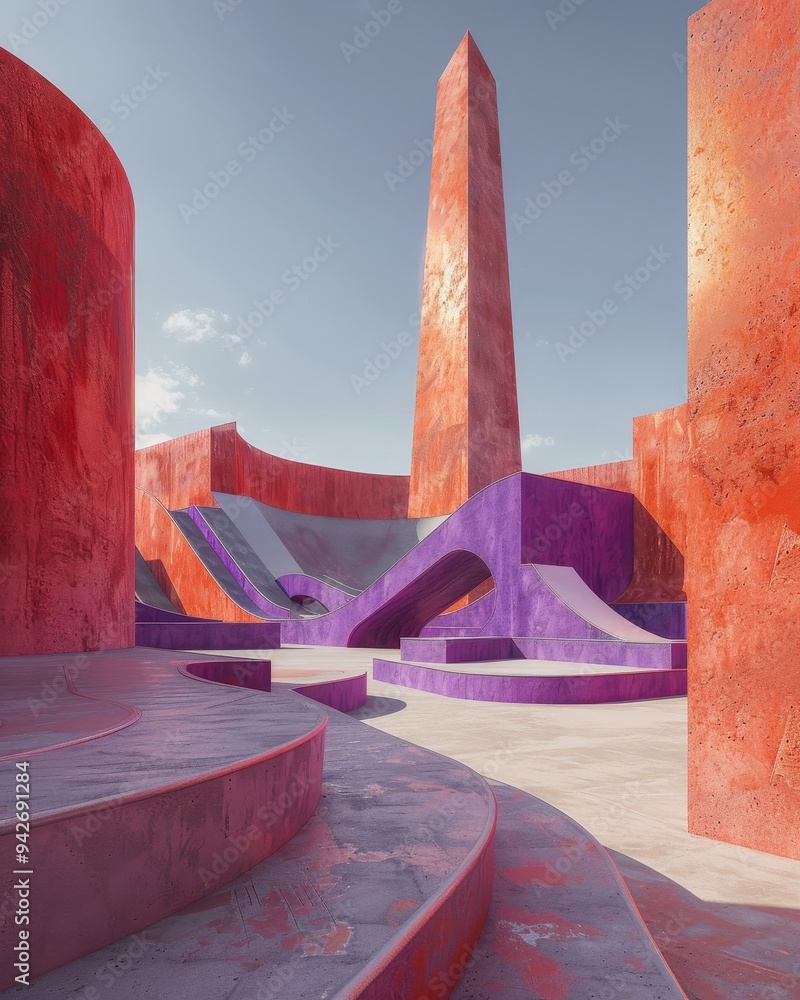 Egyptian obelisk in Olympic stadium with colorful play area, skate park ...