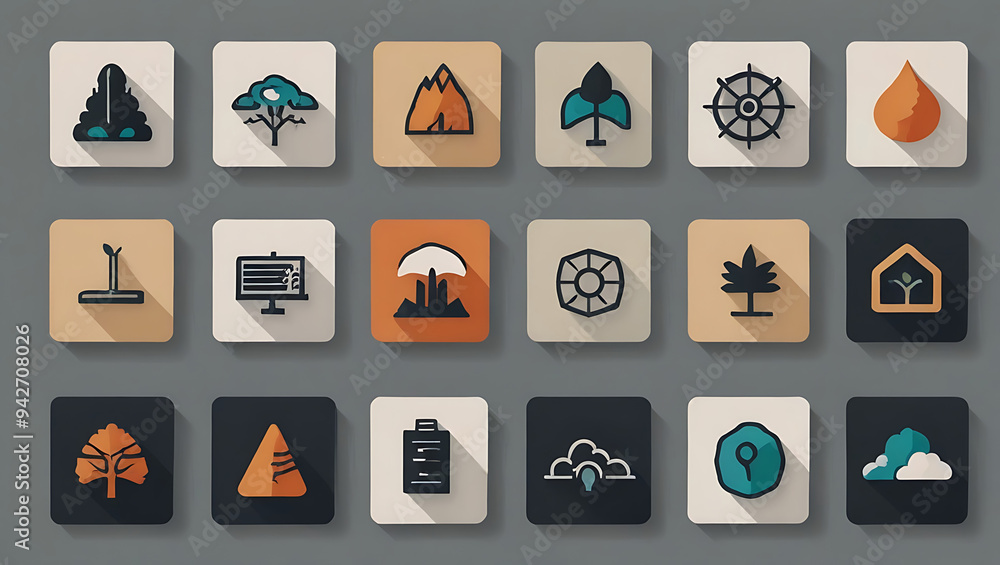 Set of minimalist icon designs in a 2D flat style, featuring various ...