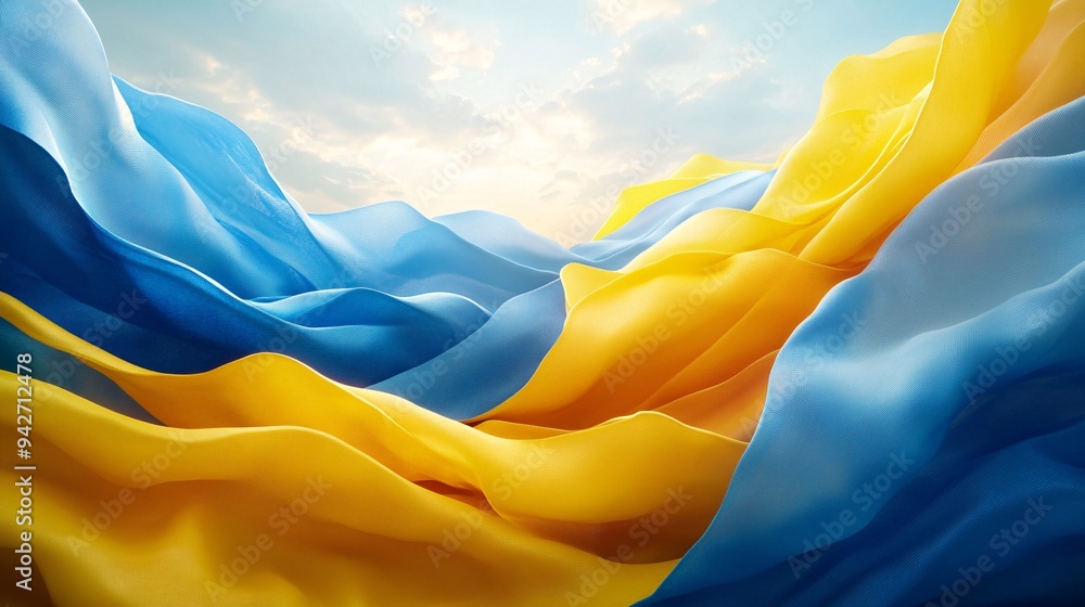 Vibrant 3D construction with yellow and blue ribbons, lots of light ...