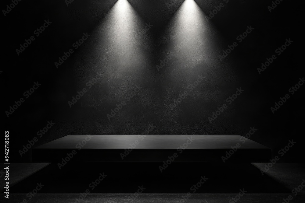 Blank black table platform with bright spotlight isolated on black wall ...