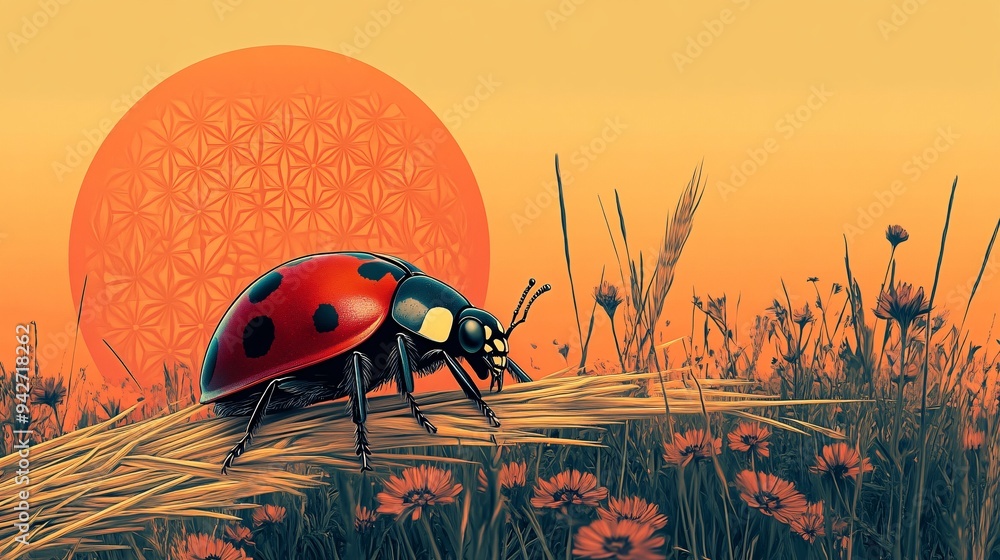 Sunrise scene with a ladybug on straw, DMT geometric shapes, simplistic ...