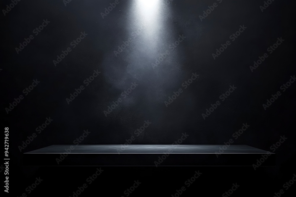 Blank black table platform with bright spotlight isolated on black wall ...