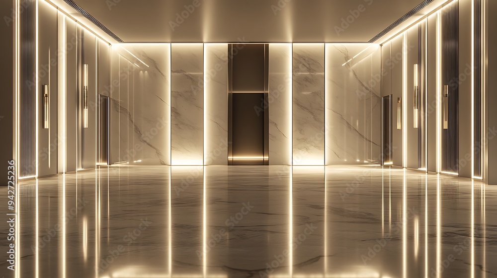 Elegant Empty Event Space with Shiny Marble Surfaces, Custom Lighting Fixtures, and a Serene ...