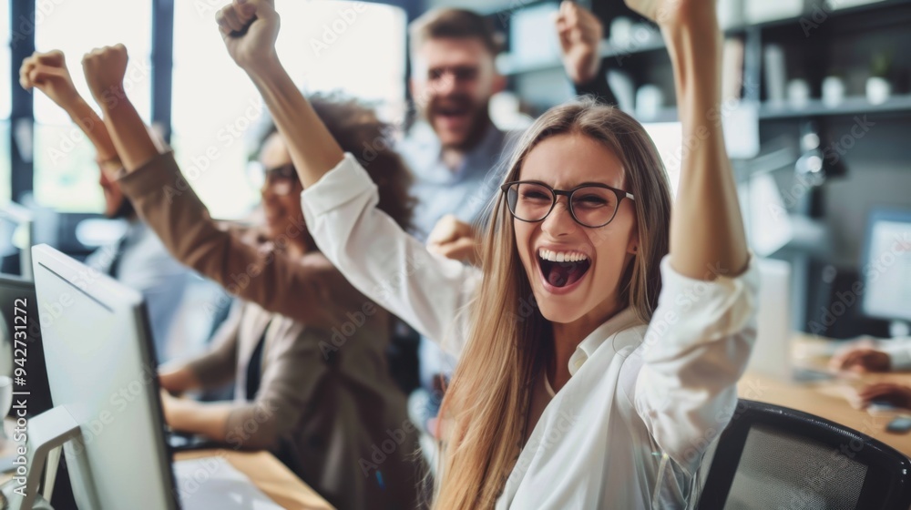 Office workers showing high excitement and joy about their work ...