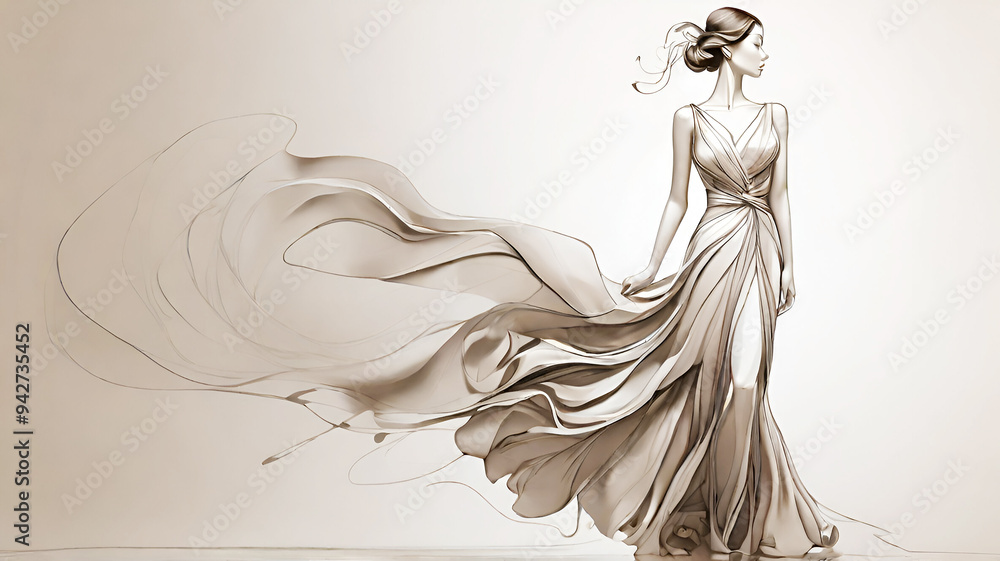 Elegant single-line drawing of a graceful woman in a flowing dress ...