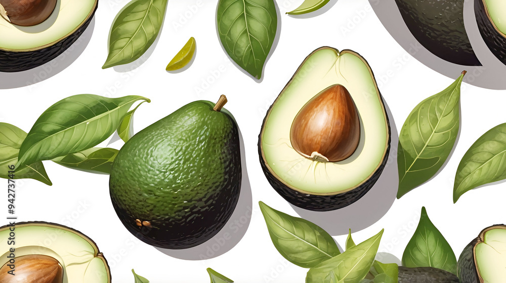 Ripe avocado, cut in half to reveal the creamy interior and seed. The ...