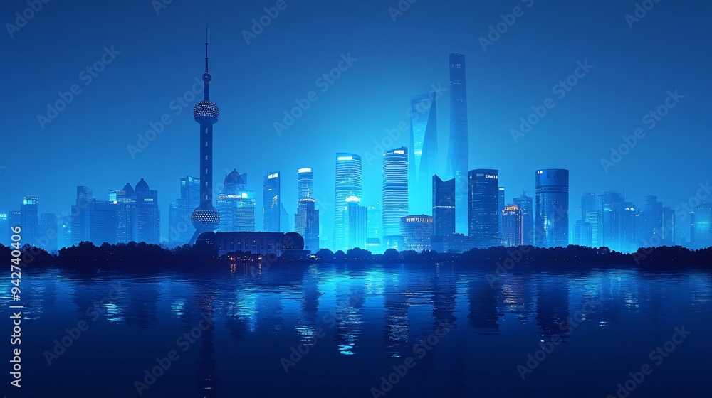 Shanghai skyline in deep blue, with silhouettes of iconic landmarks ...