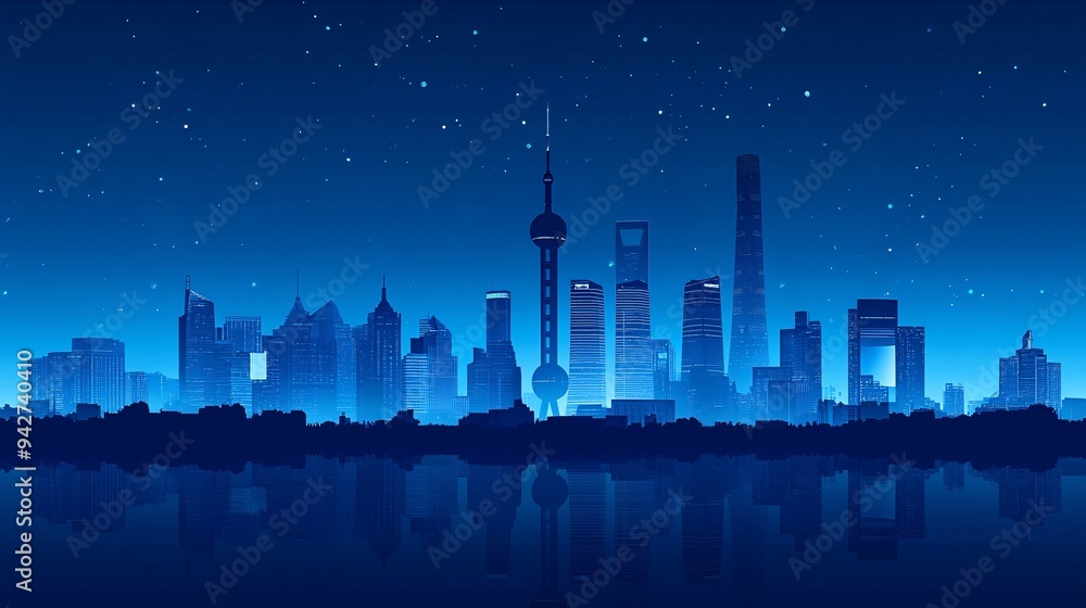 Shanghai skyline in deep blue, with silhouettes of iconic landmarks ...