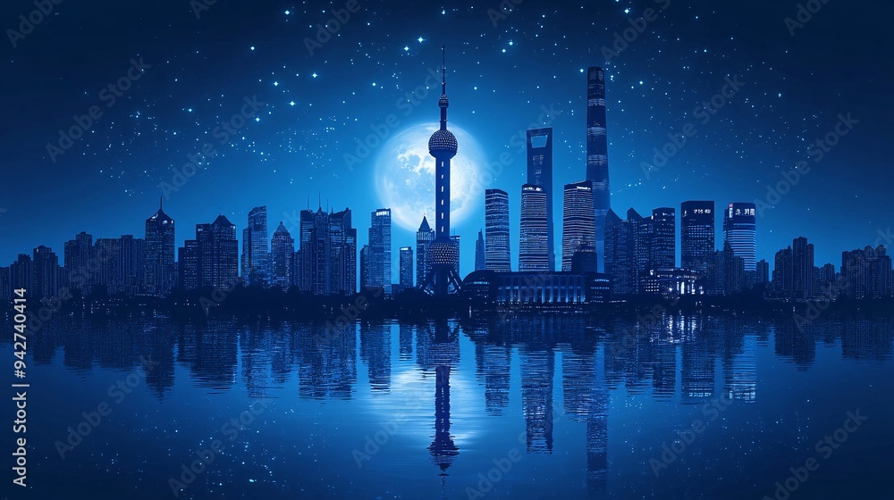 Bold deep blue backdrop adorned with the Oriental Pearl Tower and other ...