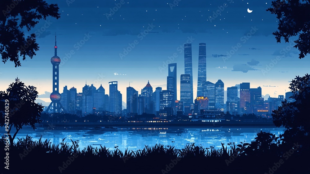 Deep blue backdrop featuring iconic silhouettes of Shanghai, including ...