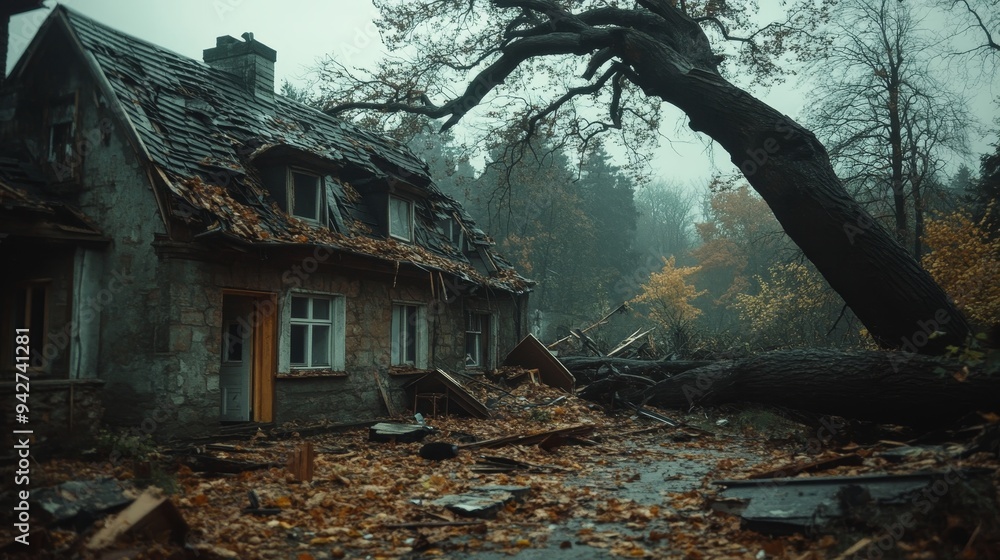 Ruined home beneath a colossal tree, branches entangled in the wreckage ...
