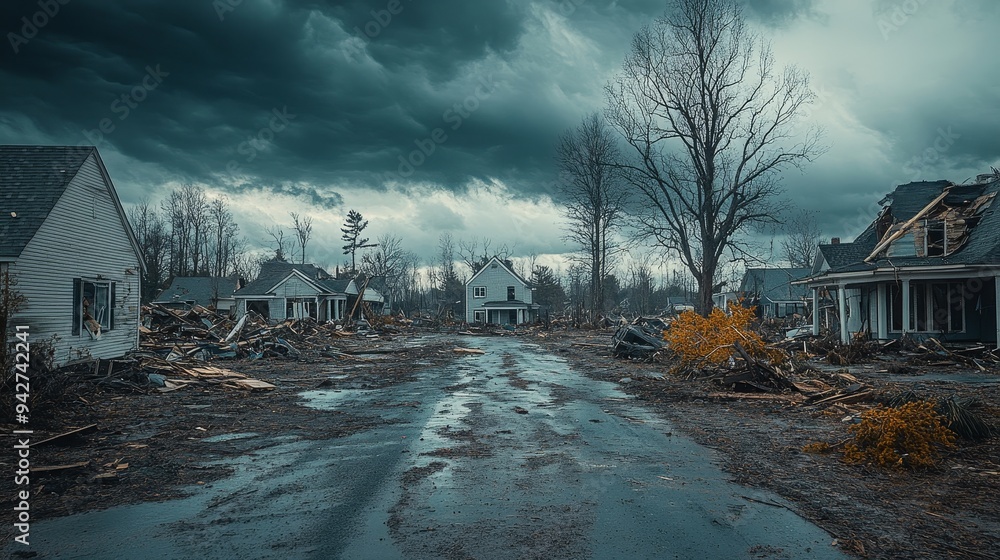 Storm-battered street, homes severely damaged, large trees collapsed ...