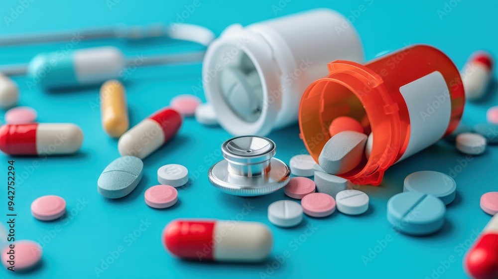 Pill Bottles and Stethoscope: A close-up shot of assorted pills and ...