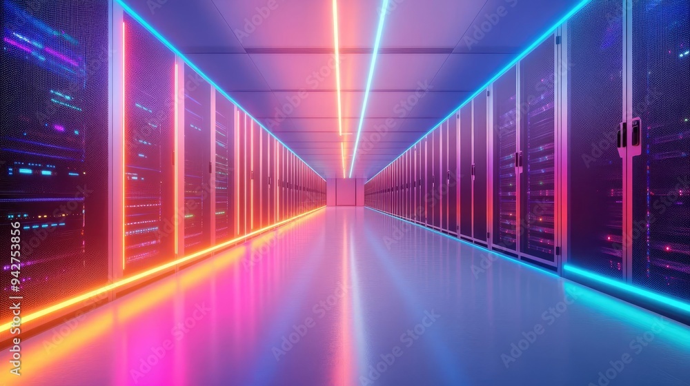 Futuristic hyperscale data center with cloud interfaces, glowing data ...
