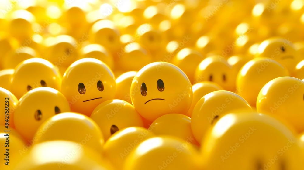A sea of yellow smiley faces surrounds a single sad face. This image ...