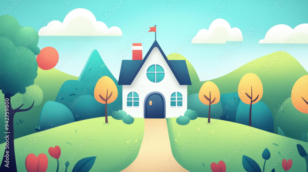 Bright and fun D Back to School scene featuring a charming schoolhouse ...