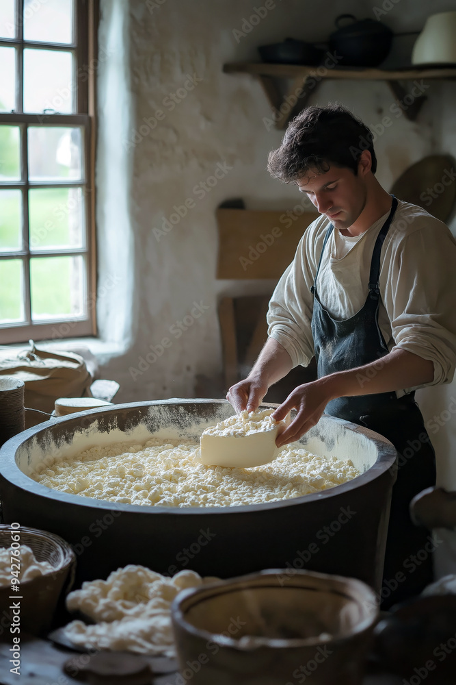 Traditional cheese-making process with a cheesemaker stirring curds in ...