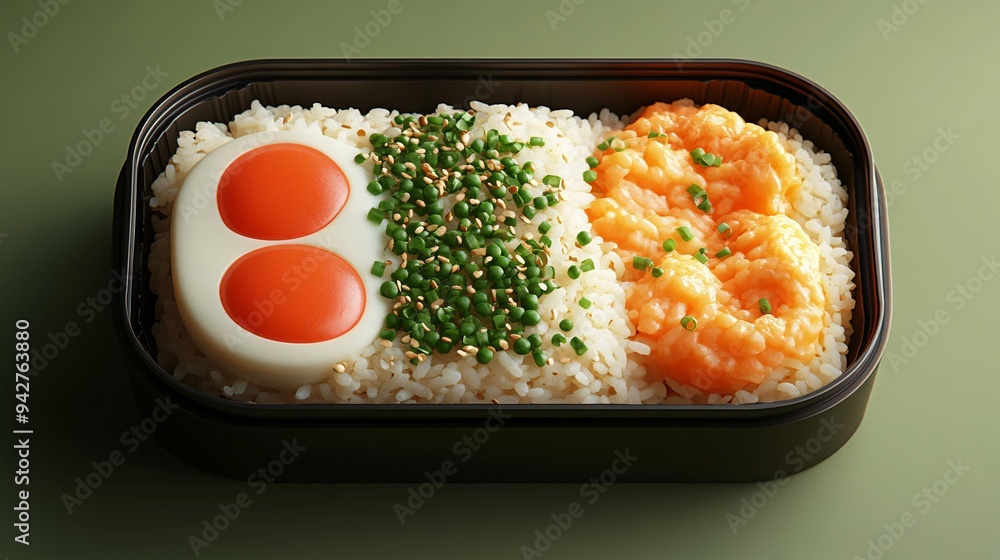 Simple 3D fried rice bento icon in cartoon style, set against an olive ...