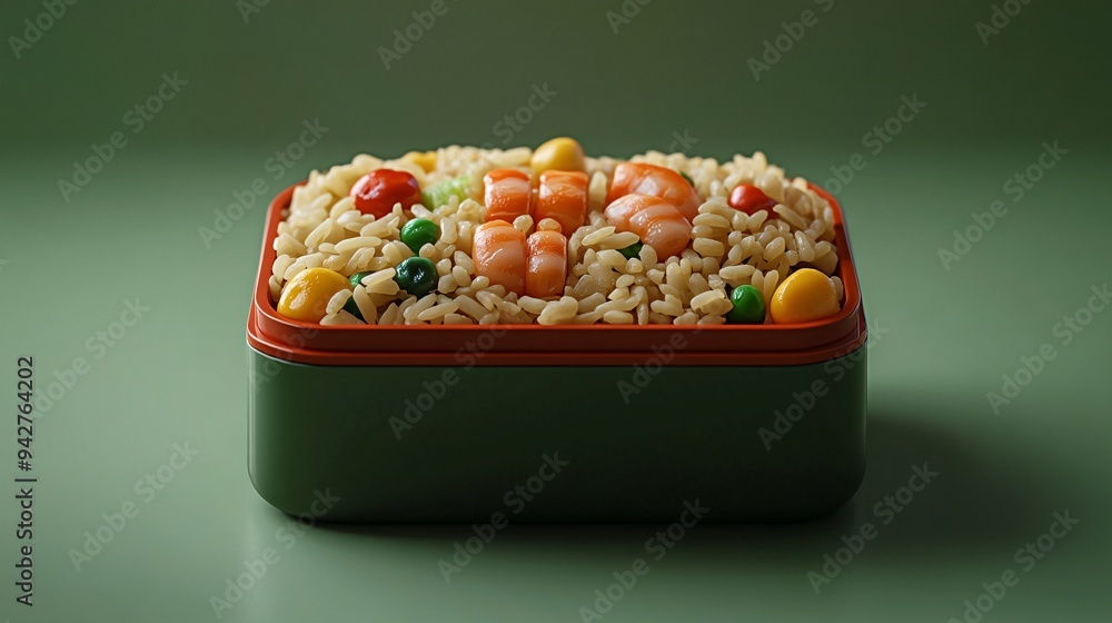 Simple 3D fried rice bento icon in cartoon style, set against an olive gradient background ...