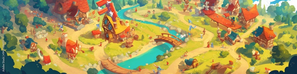 Vibrant Medieval Fantasy Game Board: Top-Down View of Colorful Cartoon ...