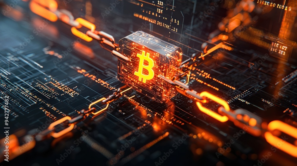 Blockchain technology visualization with a 3D chain of blocks connected ...