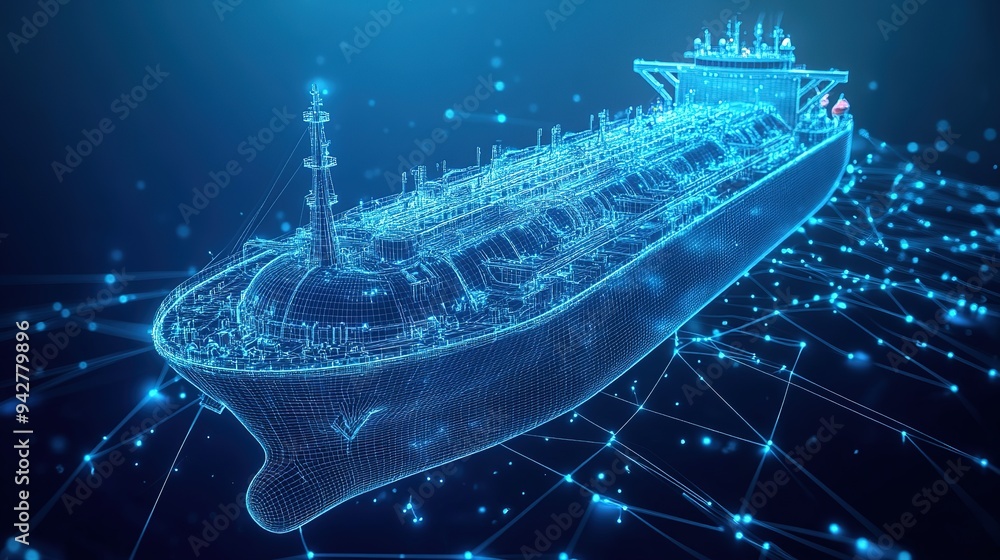 LNG gas carrier. Particles and blue lines form a 3d model of a gas ...