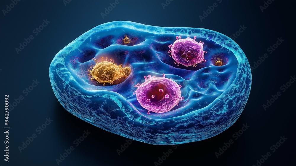 Cross-section of a human cell in 3D, showing organelles like the ...