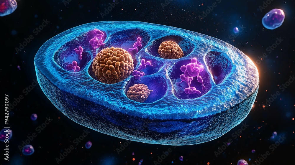 Cross-section of a human cell in 3D, showing organelles like the ...