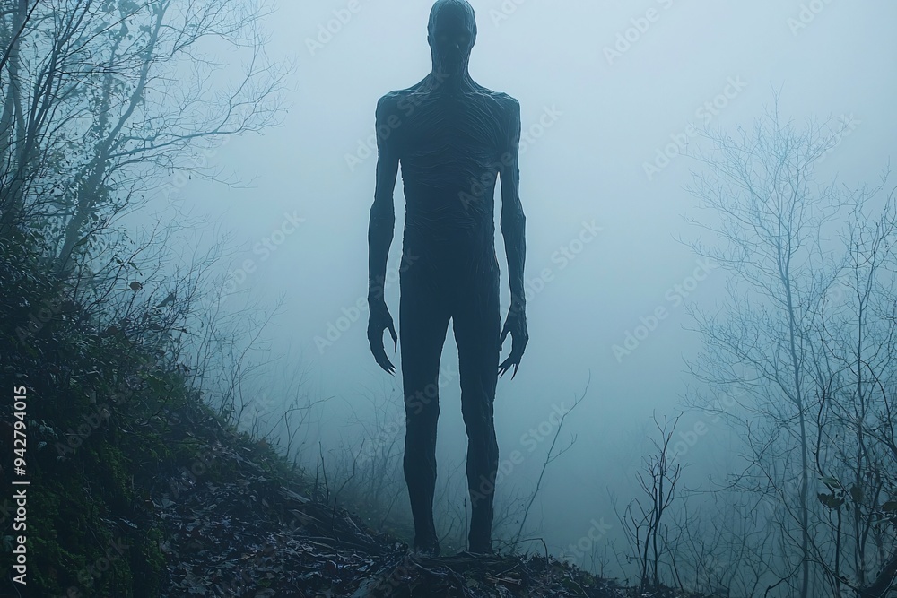 Halloween horror scene featuring a tall, eerie monster silhouette in a ...