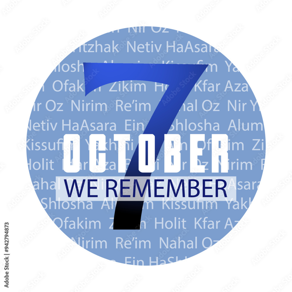 We Remember October 7th Memorial Day vector round illustration in blue ...