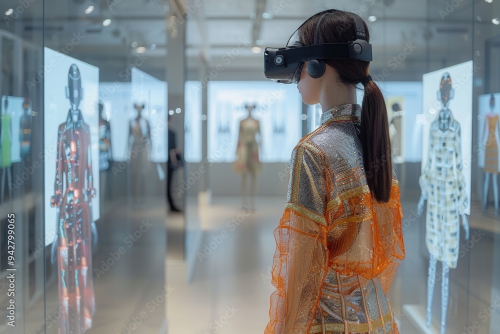 Woman exploring a virtual reality museum exhibit, engaging with ...
