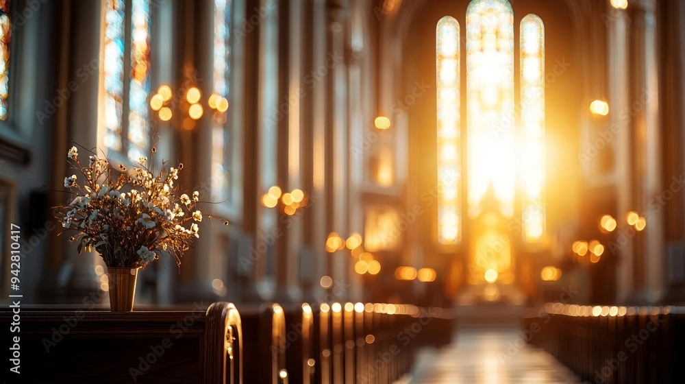 Golden light filters through tall, elegant church windows, illuminating ...