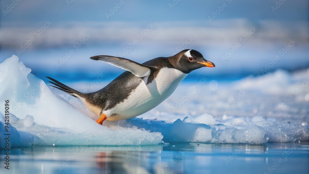 Penguin gracefully sliding on icy surface, penguin, ice, Antarctic ...