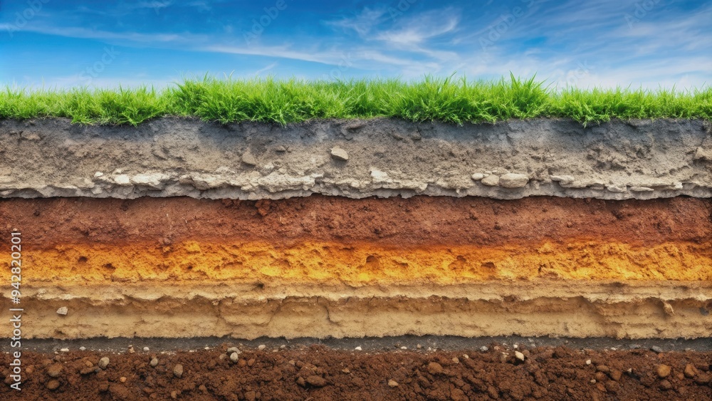 Cross-section of soil layers showing different colored sediments ...