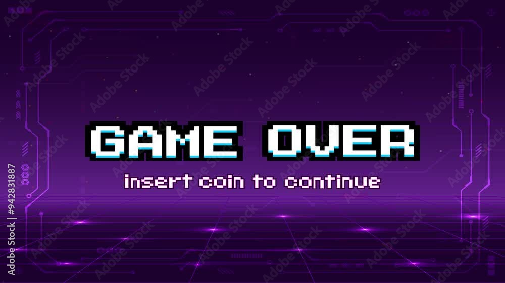 GAME OVER INSERT A COIN TO CONTINUE .Synthwave wireframe net. pixel art ...