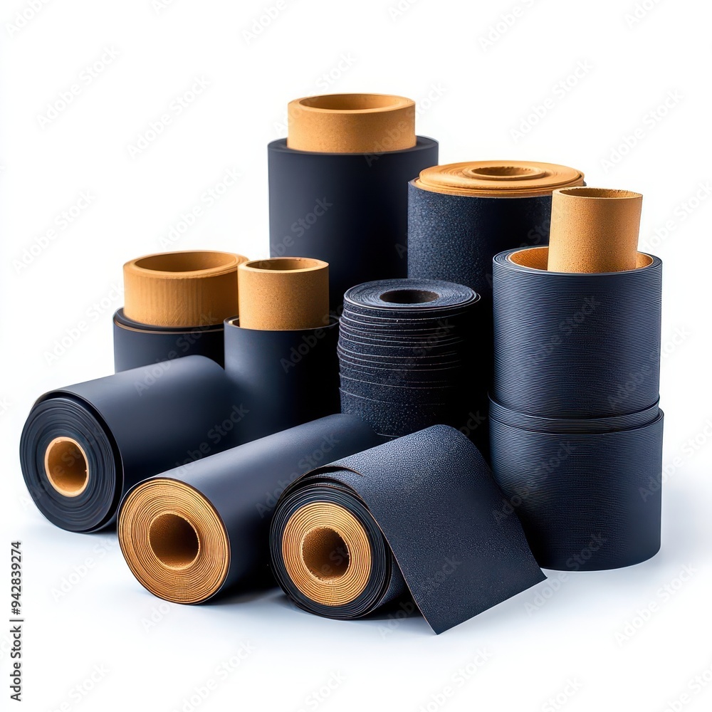 Rolls of new black roofing felt or bitumen. Group of rolls of ...