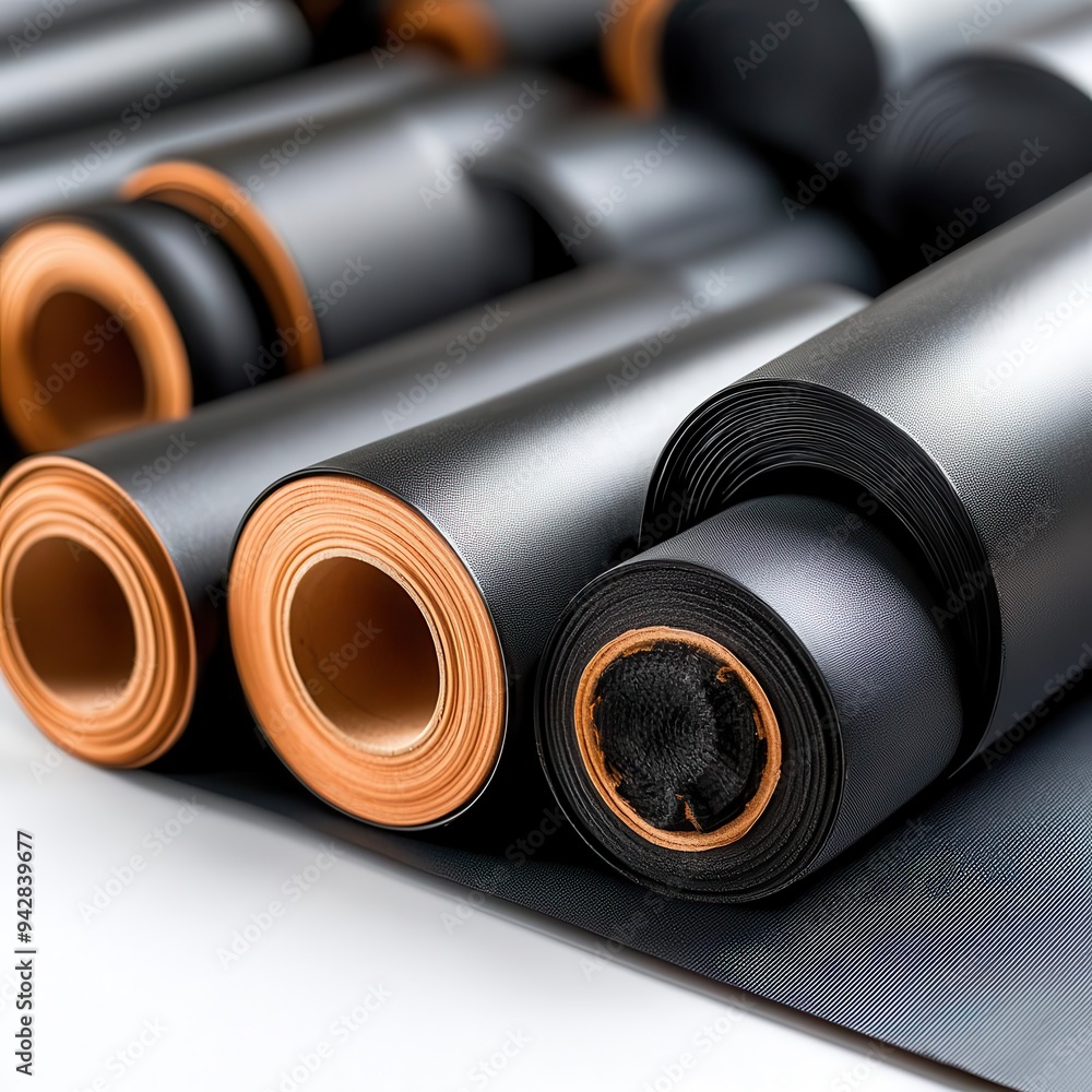 Rolls of new black roofing felt or bitumen. Group of rolls of ...