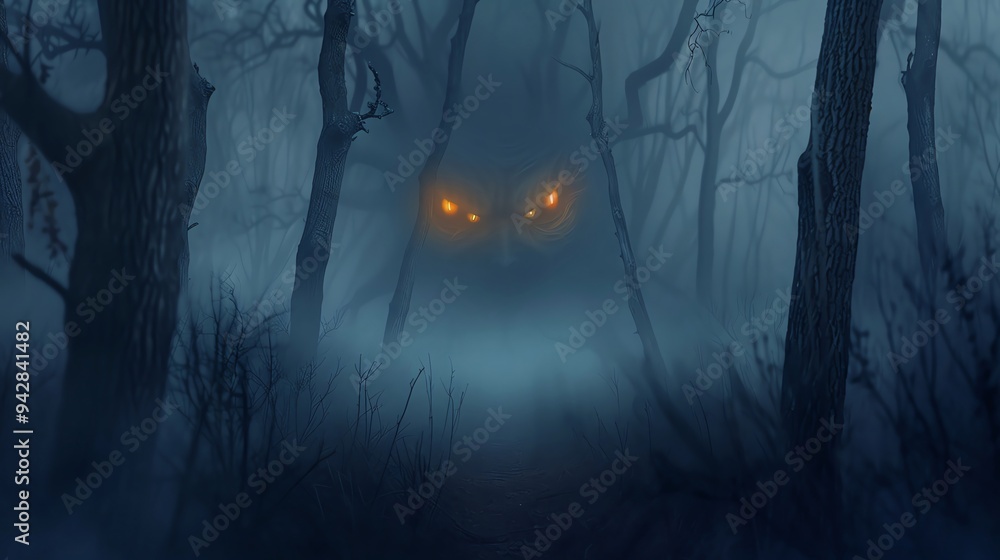 Spooky forest with eerie mist and glowing eyes, creating a mysterious ...