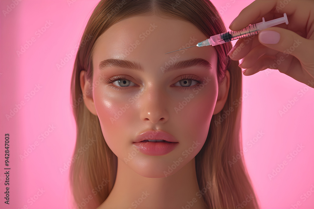 Beautiful woman receives an injection in the forehead. Botox for ...