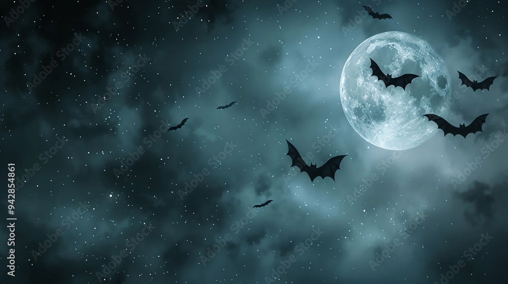 Full moon with bats flying across a starry night sky, creating a gothic ...