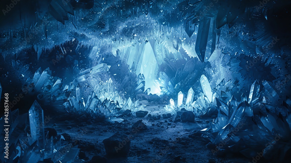 Dark cave with glowing crystals, creating a magical and eerie scene ...